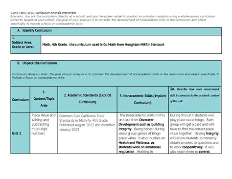 GGN1 Task 1 WGU Curriculum Analysis On Nonacademic Skills In 2nd Grade Studocu