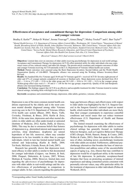 Pdf Effectiveness Of Acceptance And Commitment Therapy For Depression