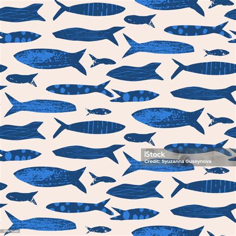 물고기 완벽 한 패턴입니다 정어리 블루 질감의 모든 배경 해안 반복 커버 연어 연속 장식의 학교 표면 패턴 디자인은 해산물 모티브입니다 벡터 손으로 그린 그림 크리스마스