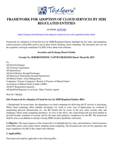 Framework For Adoption Of Cloud Services By Sebi Regulated Entities Taxguru In Pdf Cloud
