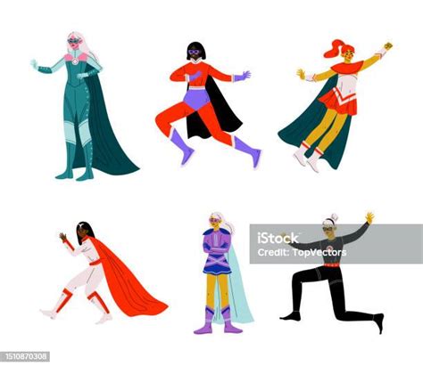 슈퍼 히어로 여성 캐릭터 착용 망토 데 초강대국 벡터 세트 코스프레에 대한 스톡 벡터 아트 및 기타 이미지 코스프레 벡터