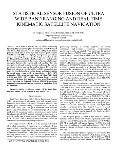 Pdf Statistical Sensor Fusion Of Ultra Wide Band Ranging And Real Time Kinematic Satellite