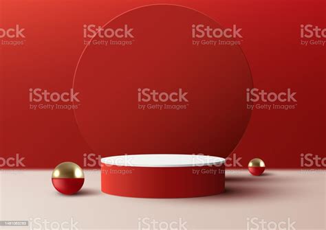 3d 현실적인 현대 럭셔리 스타일 빈 빨간색과 흰색 연단 플랫폼 원형 배경과 빨간색 배경과 자연 채광에 황금 공 메이크업 화장품에 대한 스톡 벡터 아트 및 기타 이미지