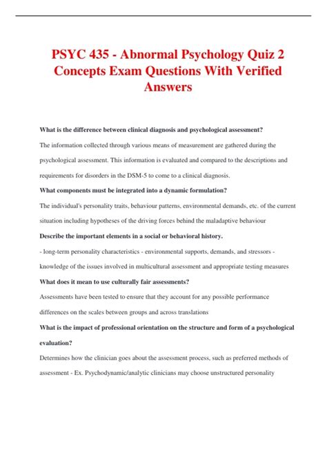 PSYC 435 Abnormal Psychology Quiz 2 Concepts Exam Questions With Verified Answers PSYC 435