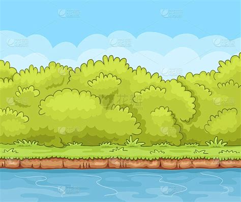 卡通河岸有灌木丛素材 花瓣网