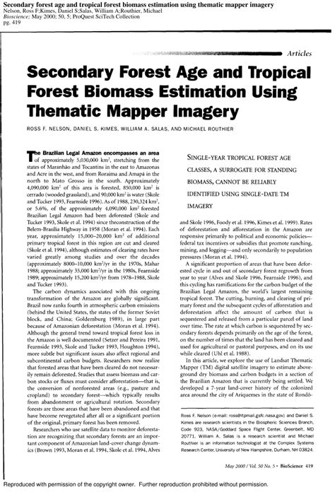 Pdf Secondary Forest Age And Tropical Forest Biomass Estimation Using Thematic Mapper Imagery