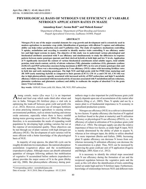 Pdf Physiological Basis Of Nitrogen Use Efficiency At Variable Nitrogen Application Rates In Maize