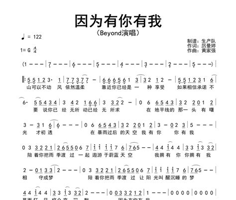 因为有你有我简谱 Beyond《因为有你有我》简谱g调 318曲谱