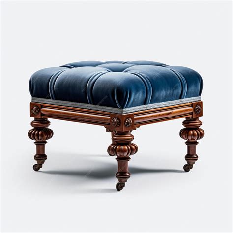 Premium Photo Antique Wooden Foot Stool With Blue Velvet Detailed