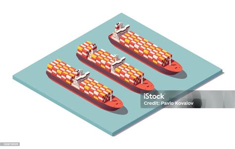 등등 측정 컨테이너 선박 세트 낮은 폴리 컨테이너 선박 벡터 일러스트레이터 수집 등측투영법에 대한 스톡 벡터 아트 및 기타