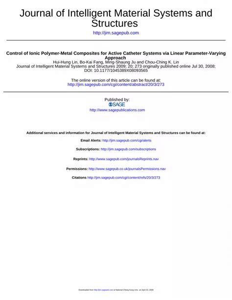 Pdf Control Of Ionic Polymer Metal Composites For Active Catheter Systems Via Linear Parameter
