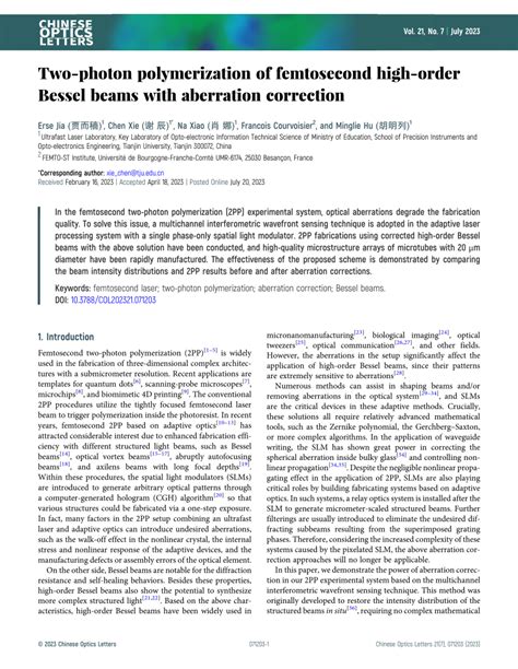 Pdf Two Photon Polymerization Of Femtosecond High Order Bessel Beams With Aberration Correction