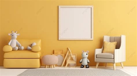 북유럽 스타일의 3d 렌더링 프레임 모형이 있는 노란색 어린이 방 인테리어 테이블 프레임 빈 포스터 벽 프레임 배경