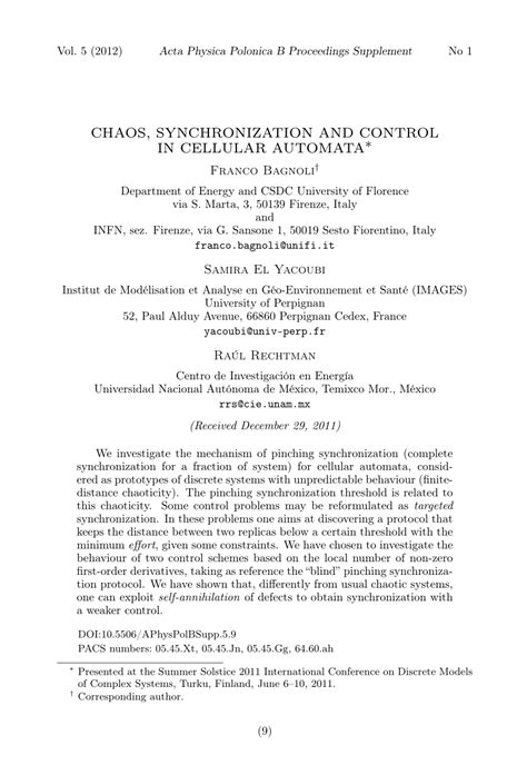 Pdf Chaos Synchronization And Control In Cellular Automata