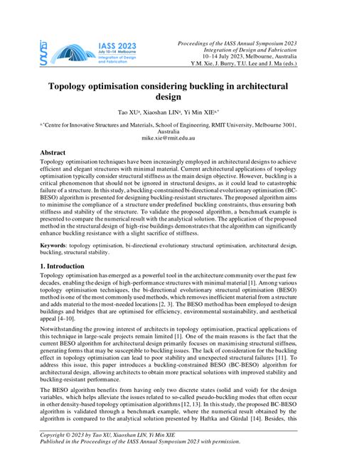Pdf Topology Optimisation Considering Buckling In Architectural Design