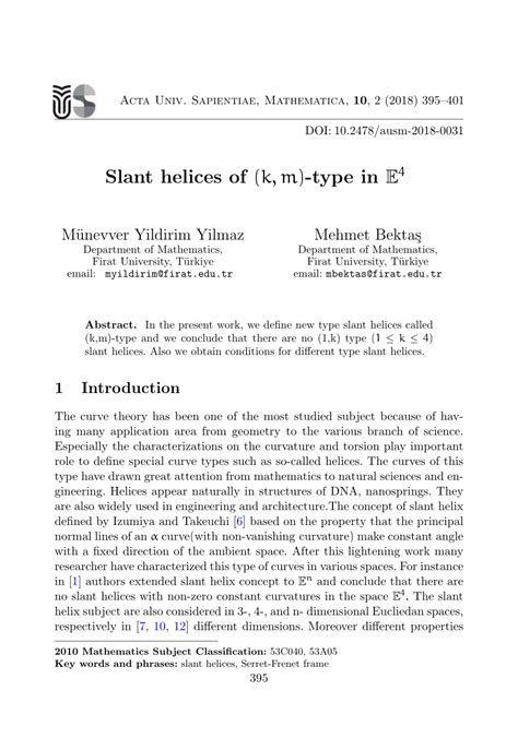 Pdf Slant Helices Of K M Type In 𝔼4