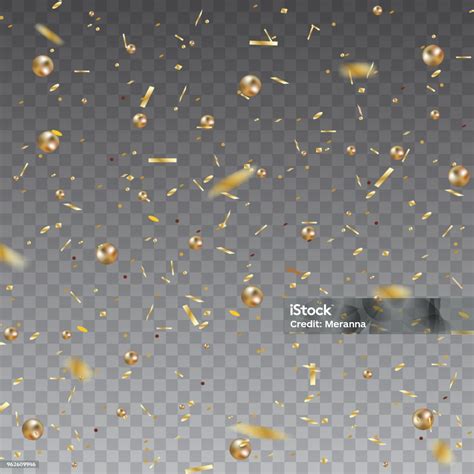 떨어지는 빛나는 황금 색종이 고 구슬 투명 한 바탕에 황금 추상 입자입니다 축제 벡터 일러스트 레이 션 골드 컬러의 틴 셀 금 금속에 대한 스톡 벡터 아트 및 기타 이미지