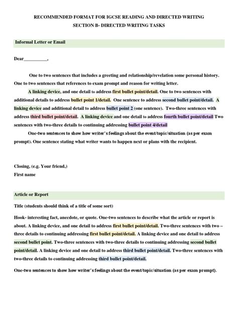 Rdw Section B Directed Writing Recommended Formats Igcse Exercises