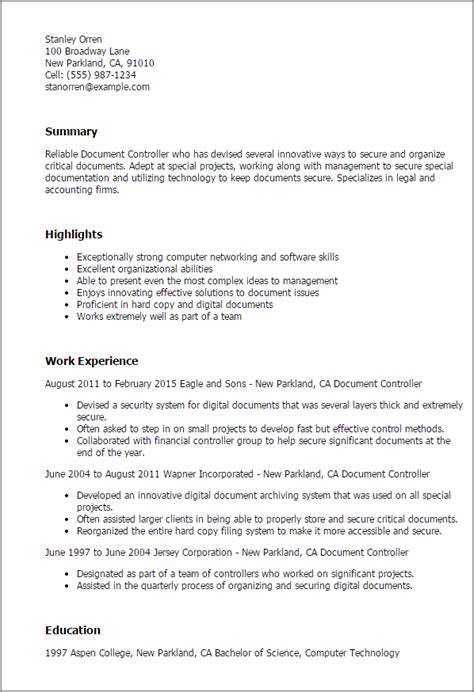 Professional Document Controller Templates Myperfectresume