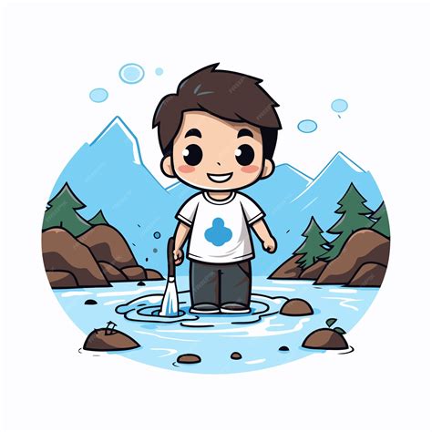 강에서 놀고 있는 귀여운 작은 소년 터 만화 일러스트레이션 프리미엄 벡터