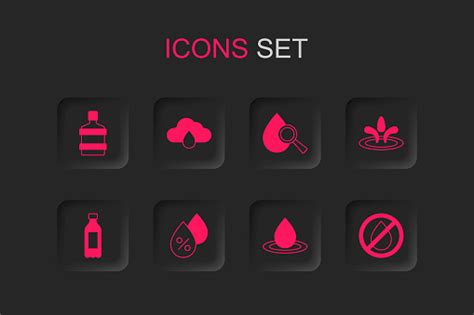 물방울 백분율 비가 내리는 구름 큰 병 깨끗한 물 금지 방울 및 돋보기 및 아이콘 병을 설정합니다 벡터 0명에 대한 스톡 벡터 아트 및 기타 이미지 Istock