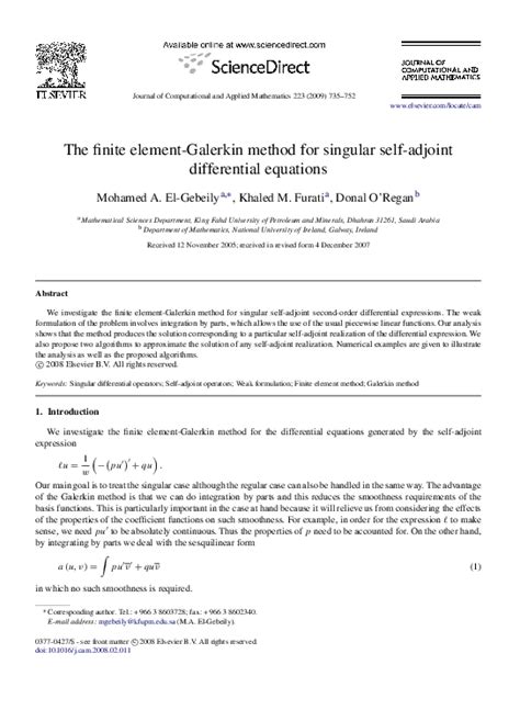 Pdf The Finite Element Galerkin Method For Singular Self Adjoint Differential Equations
