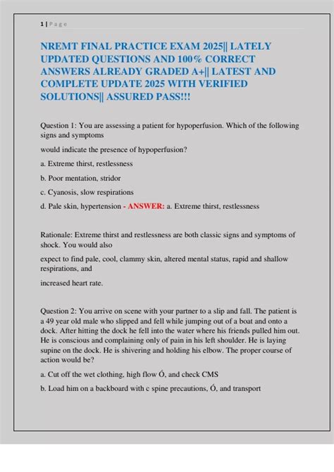 Nremt Final Practice Exam 2025 Lately Updated Questions And 100 Correct Answers Already
