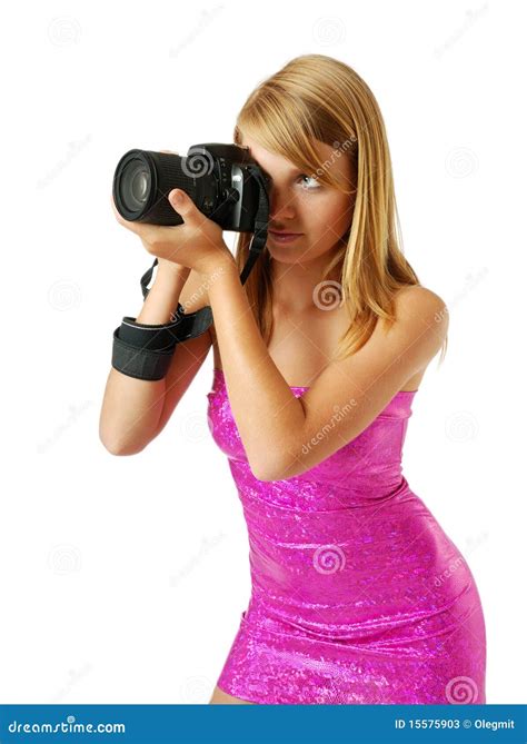 Pretty Woman Photographing With A Big Camera Stock Image Image Of