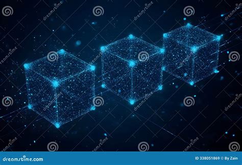 Digital Blockchain Network Concept With Glowing Cubes Wireframe Structure Stock Illustration