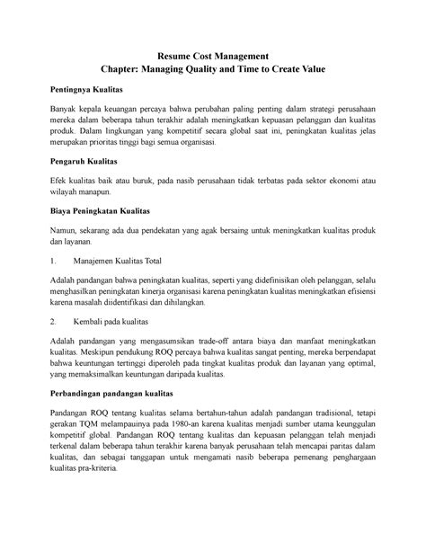 Resume Chapter Managing Quality And Time To Create Value Resume Cost