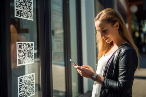 Woman Embracing Modernity With Qr Code Technology Premium Ai Generated Image