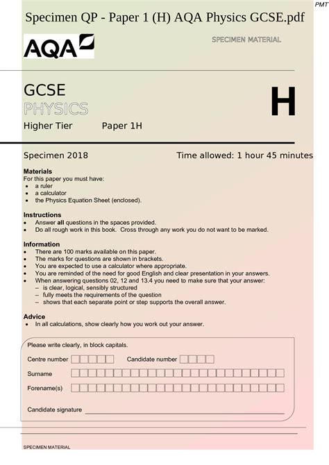SOLUTION Specimen Qp Paper H Aqa Physics Gcse Studypool