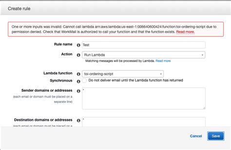amazon web services workmail lambda permissions denied stack overflow