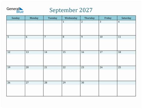 Monthly Calendar Template For September 2027