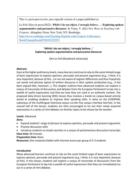 Pdf Whilst I Do Not Object I Strongly Believe… Exploring Spoken Argumentative And Persuasive