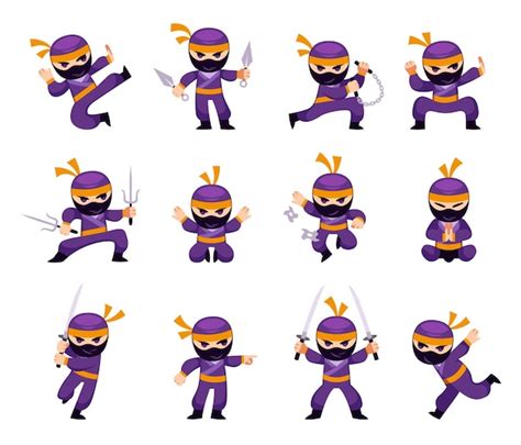 Karikaturowa Ninja Człowiek W Różnych Akcjach I Walkach Pozuje Karate