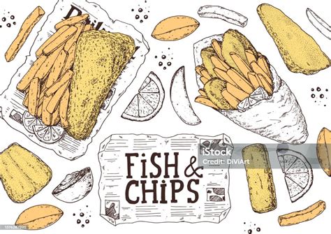 피시 앤 칩스 스케치 벡터 일러스트레이션 영국 술집 음식 손으로 그린 스케치 생선과 칩을 요리 손으로 그린 빈티지 이미지 메뉴 디자인 템플릿입니다 감자 요리에 대한 스톡