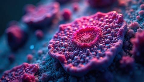 Close Up Vibrant Stained Specimen Under Led Microscope Image Medical Microscopy Stock