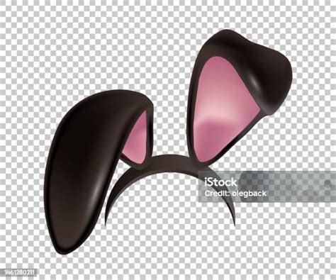 토끼 귀 현실적인 3d 벡터 그림입니다 부활절 토끼 귀 아이 머리띠 마스크 토끼 의상 블랙과 핑크 요소 사진 편집기 부스 투명한 배경에 격리된 비디오 채팅 앱 3차원 형태에