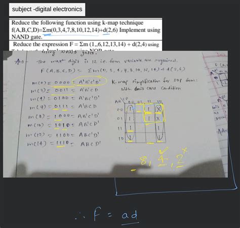 reduce the following function using k map technique f a b c d sigma