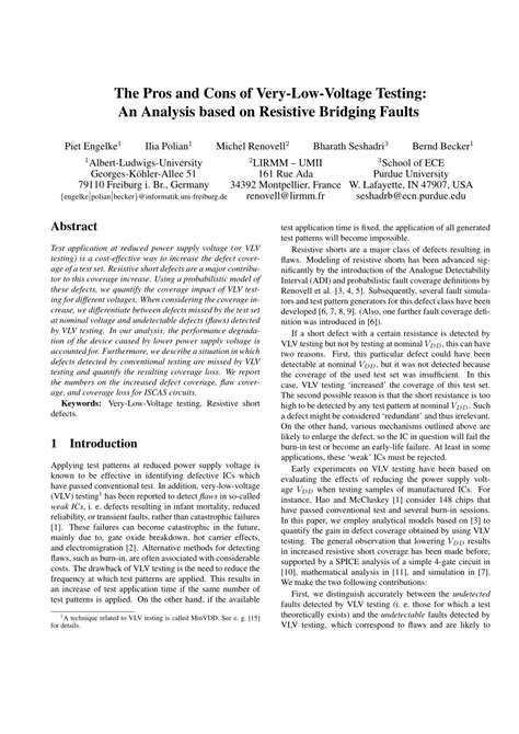 Pdf The Pros And Cons Of Very Low Voltage Testing An Analysis Based On Resistive Bridging Faults