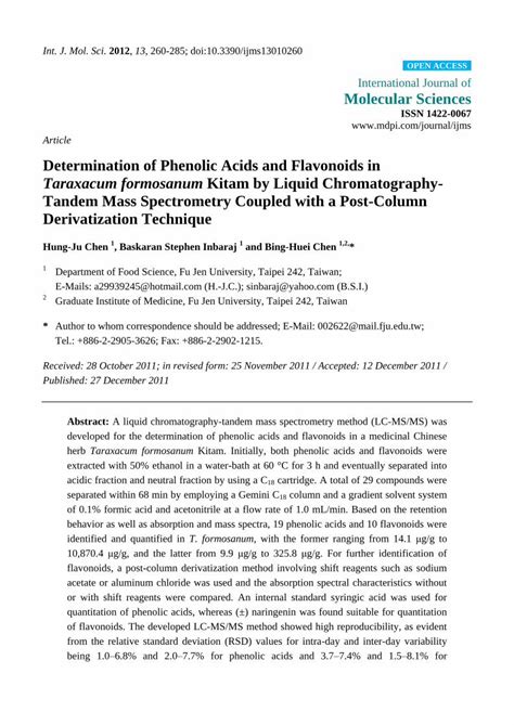 Pdf Determination Of Phenolic Acids And Flavonoids In Taraxacum Formosanum Kitam By Liquid