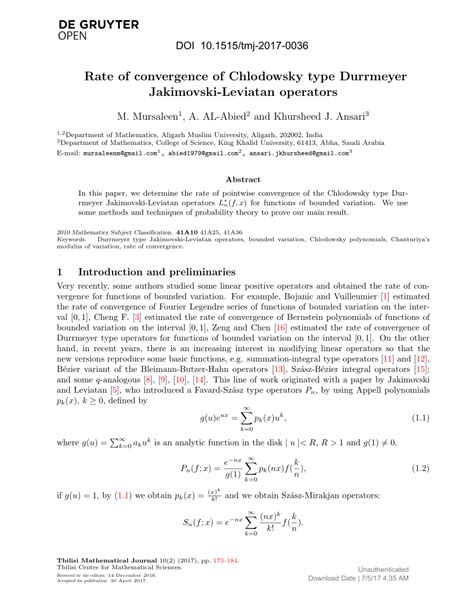 Pdf Rate Of Convergence Of Chlodowsky Type Durrmeyer Jakimovski Leviatan Operators