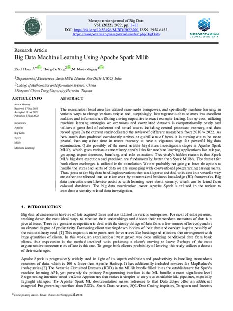 Pdf Big Data Machine Learning Using Apache Spark Mllib