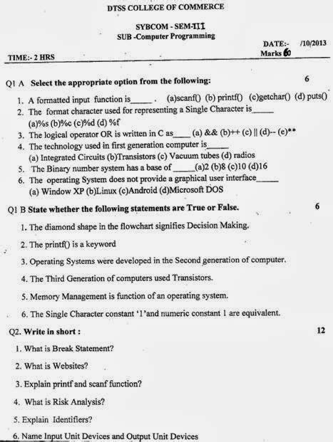 Question Papers Collection SYBCOM Sem III Exam Computer Progarmming