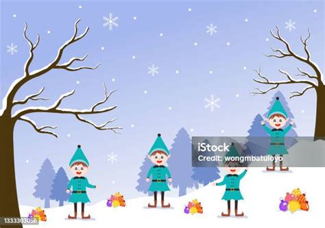 메리 크리스마스 귀여운 만화 난쟁이 작은 환상 산타 클로스와 엘프 캐릭터 추가 배경 벡터 그림으로 트리 또는 선물 12월에 대한 스톡 벡터 아트 및 기타 이미지 Istock