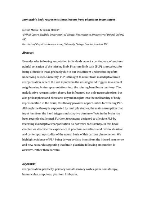 Pdf Immutable Body Representations Lessons From Phantoms In Amputees