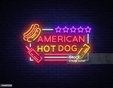 네온 스타일 디자인 서식 파일에서 핫 개입니다 핫도그 네온 간판 라이트 배너 네온 기호 패스트 푸드 엠 블 럼 미국 음식 밝은 밤 광고 벡터 일러스트 레이 션 핫도그에 대한