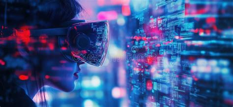 Virtual Reality Experience With Futuristic Technology And Data Visualization Woman Engaged In