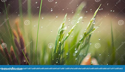 Raining Weather Background With Green Grass For Natural Banner Stock